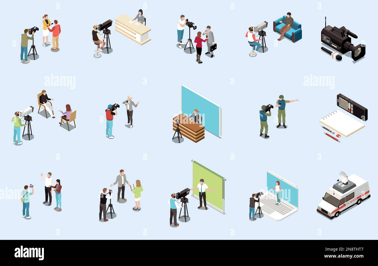 Media isometric icons set with journalist and news reporters scenes ...
