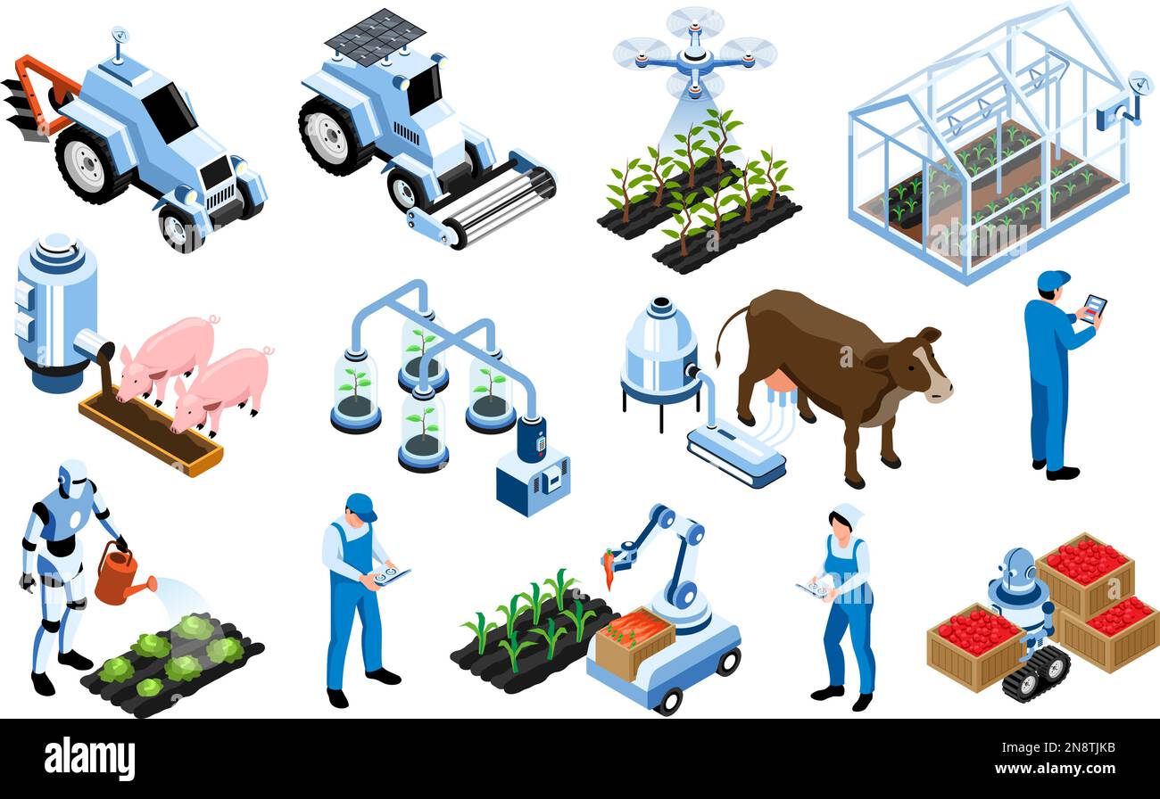 Isometric smart farm agricultural icon set farm equipment with which ...