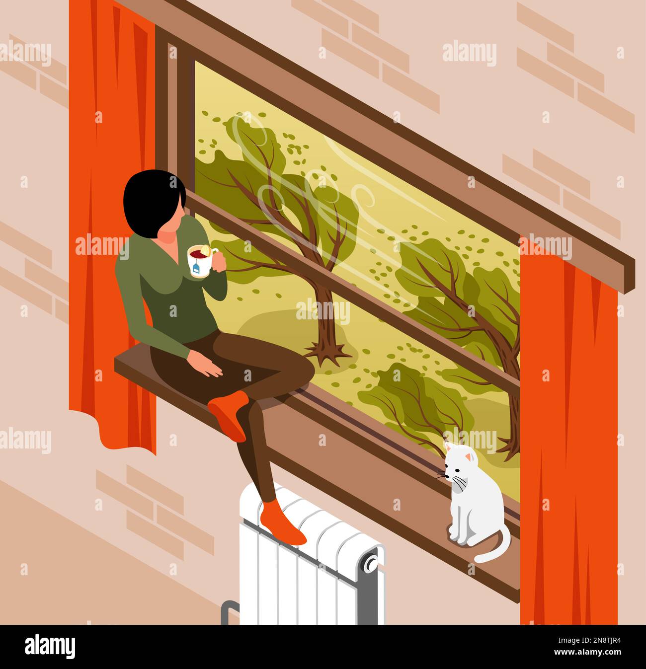 Isometric storm weather colored composition girl and her cat sit at ...