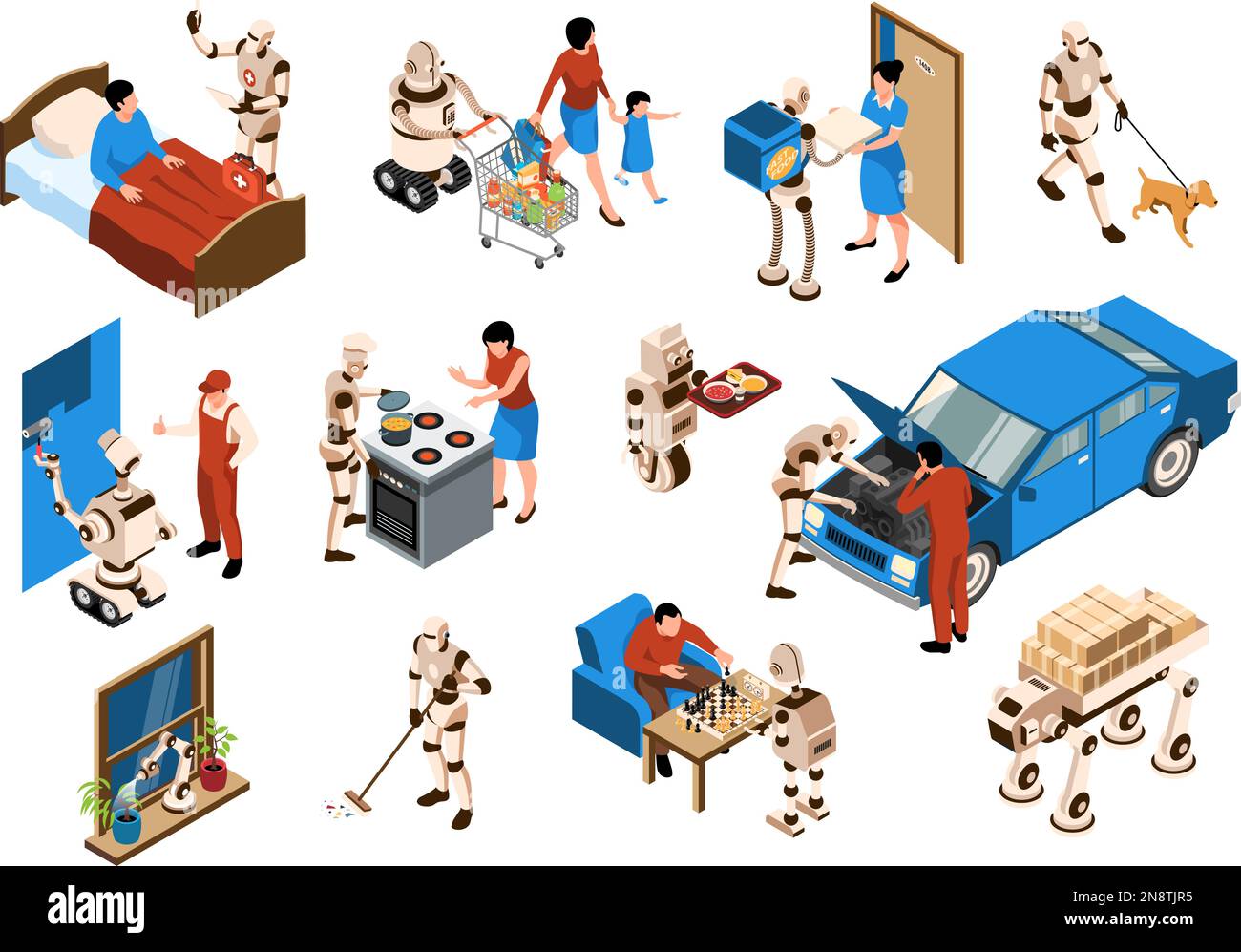 Isometric robot assistant color set machine that helps people in the ...