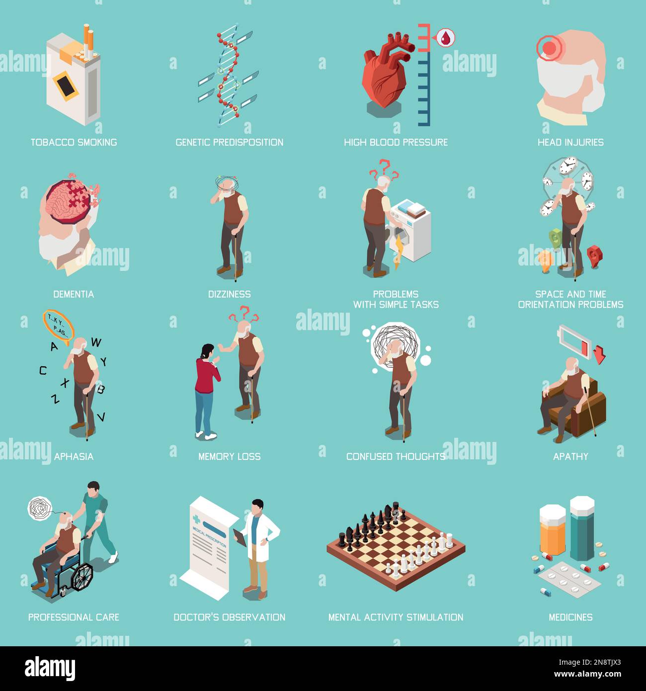 Dementia and alzheimer cognitive disorder isometric icons set isolated ...