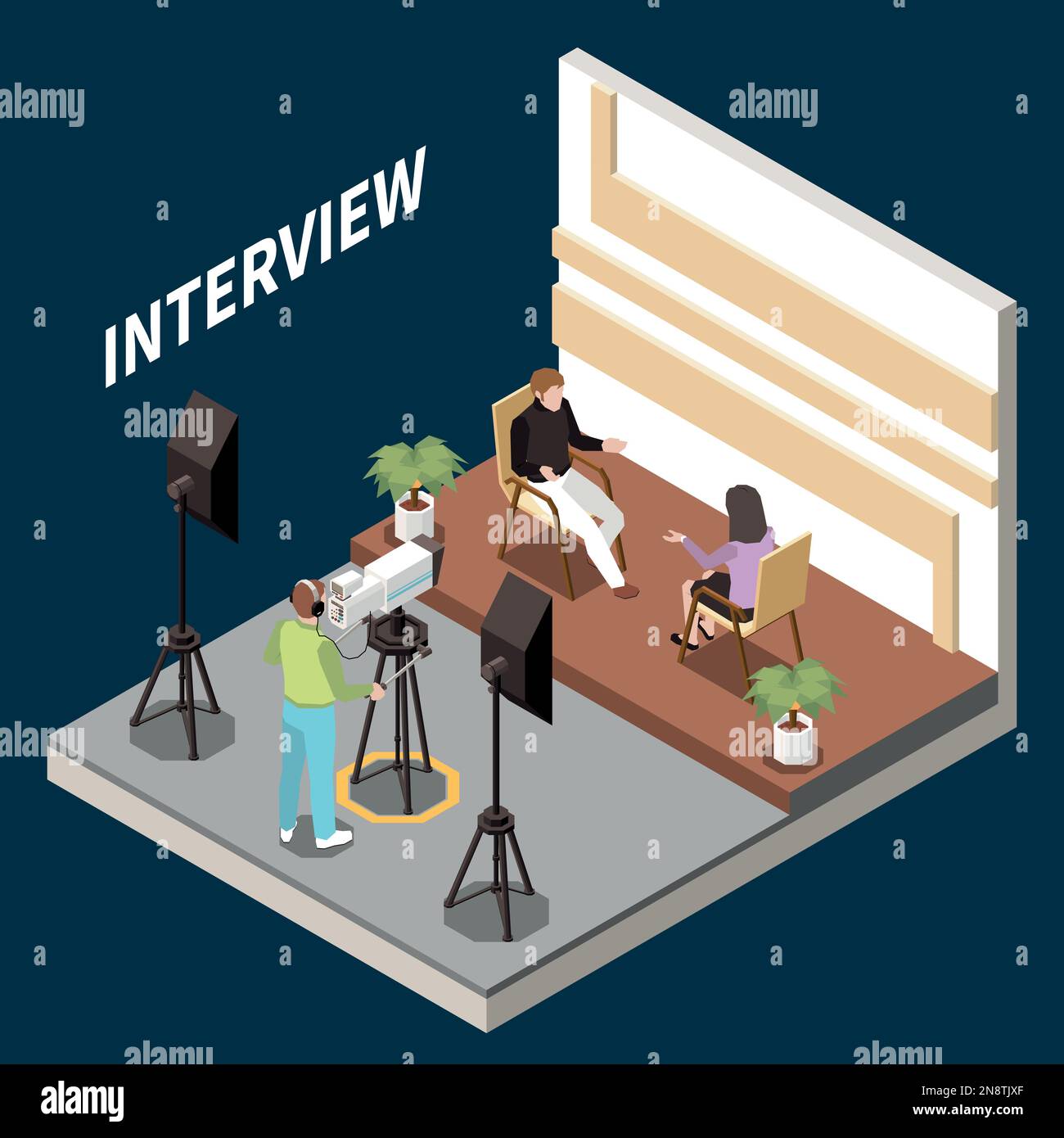 Media news isometric concept with journalist taking interview in studio vector illustration ...