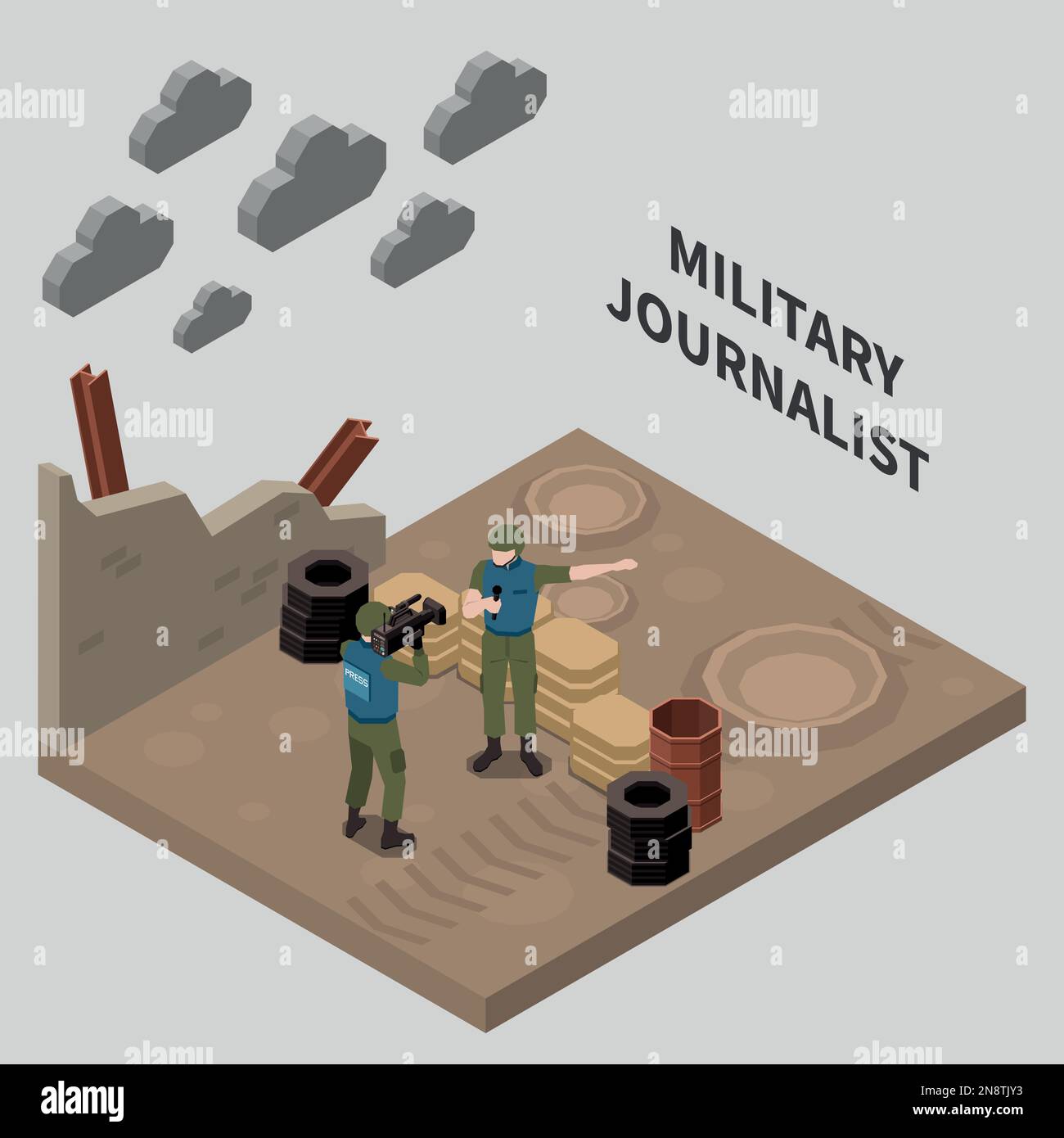 News media isometric concept with military journalist in war zone vector illustration Stock ...