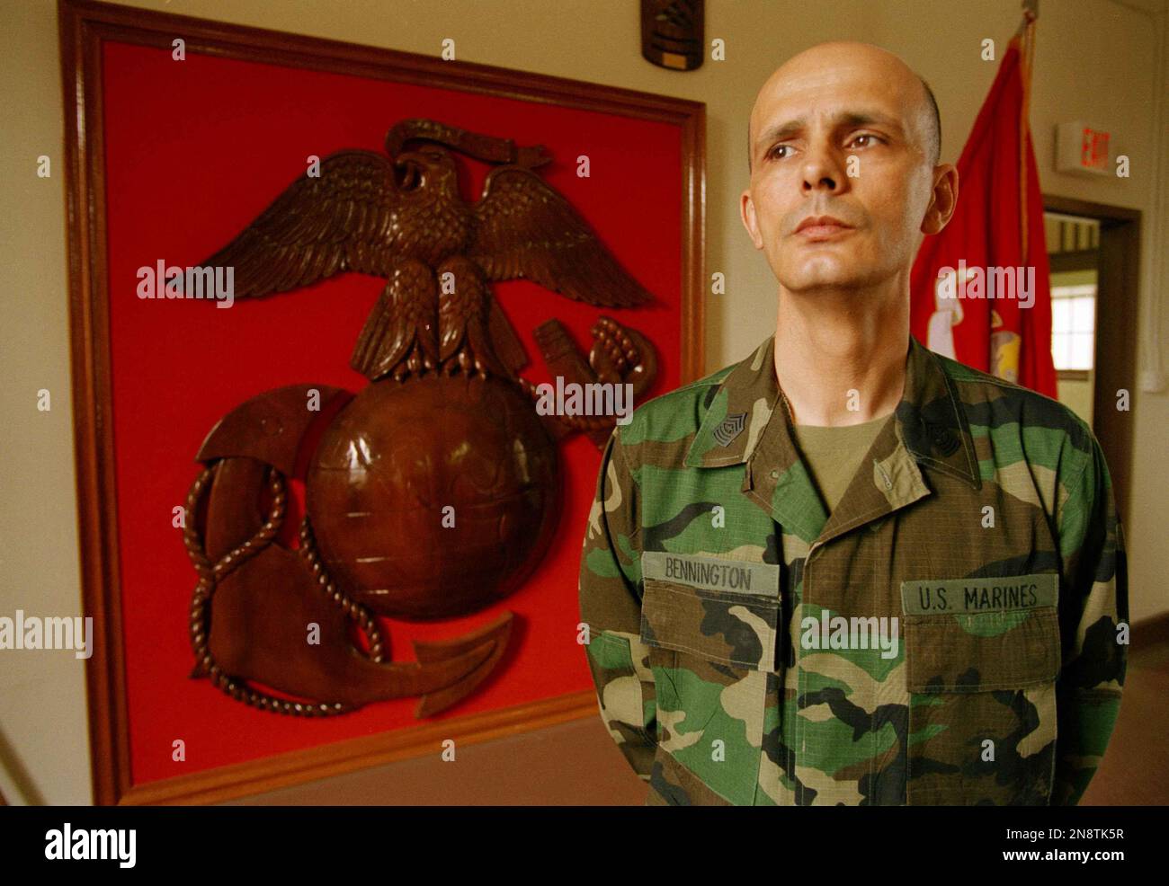 Sgt. Maj. Terry Bennington poses in front of wall art depicting the ...