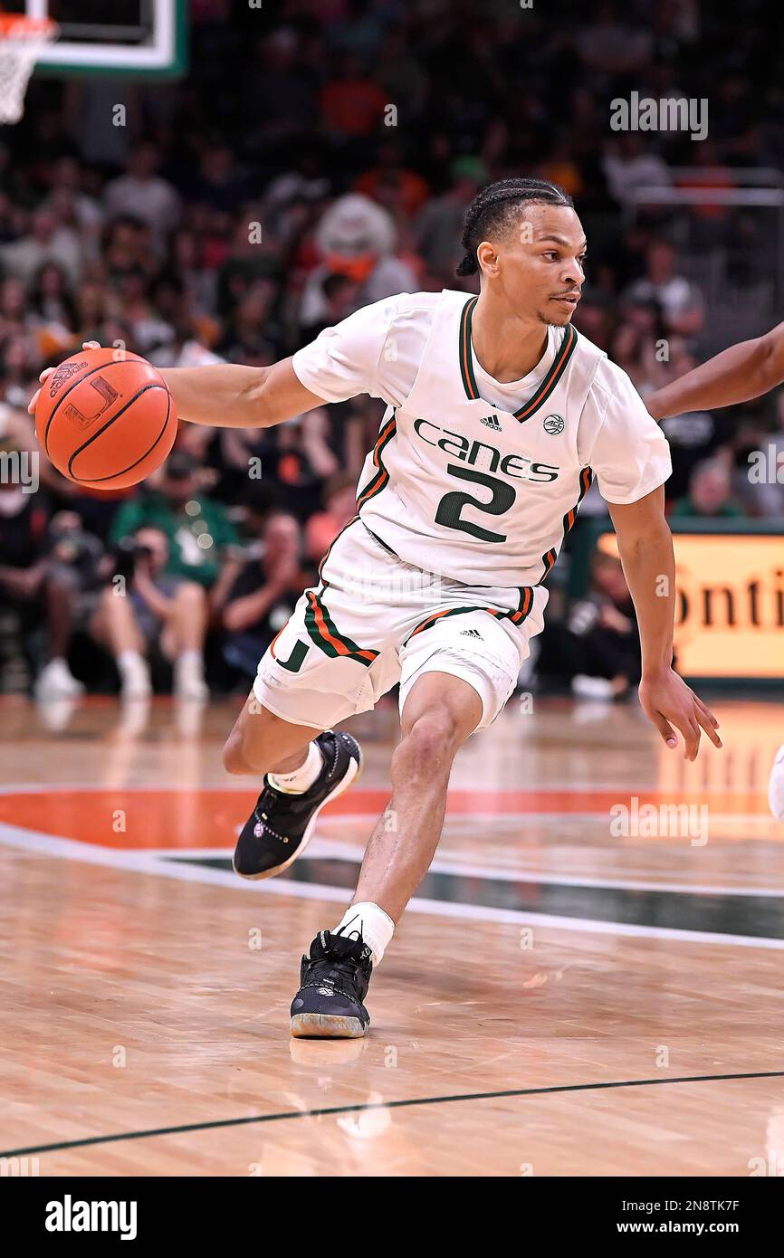 CORAL GABLES, FL - FEB 11: Miami guard Isaiah Wong (2) handles the ball ...