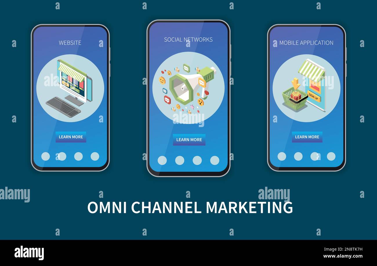 Omni channel marketing isometric set with promotion mobile app ...