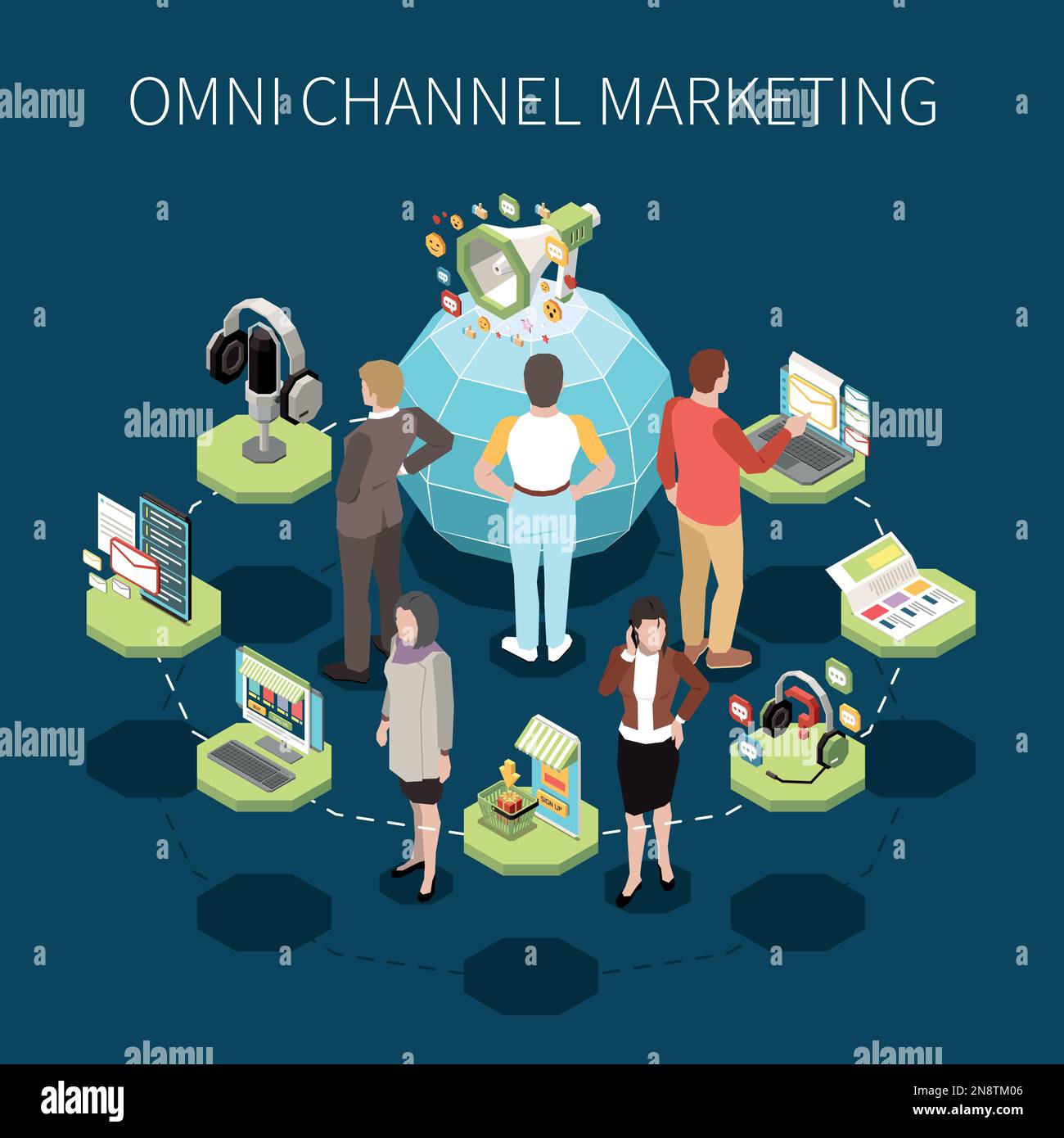 Omni channel marketing isometric concept with people using different ...