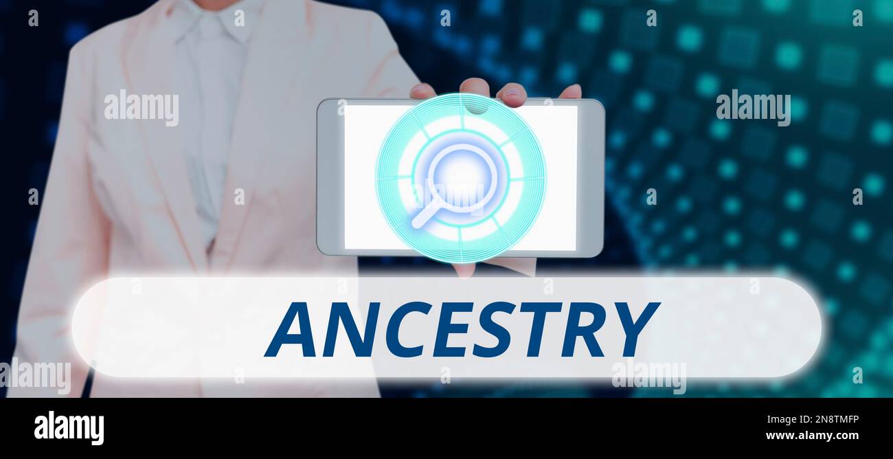Text caption presenting Ancestry. Concept meaning the history or ...
