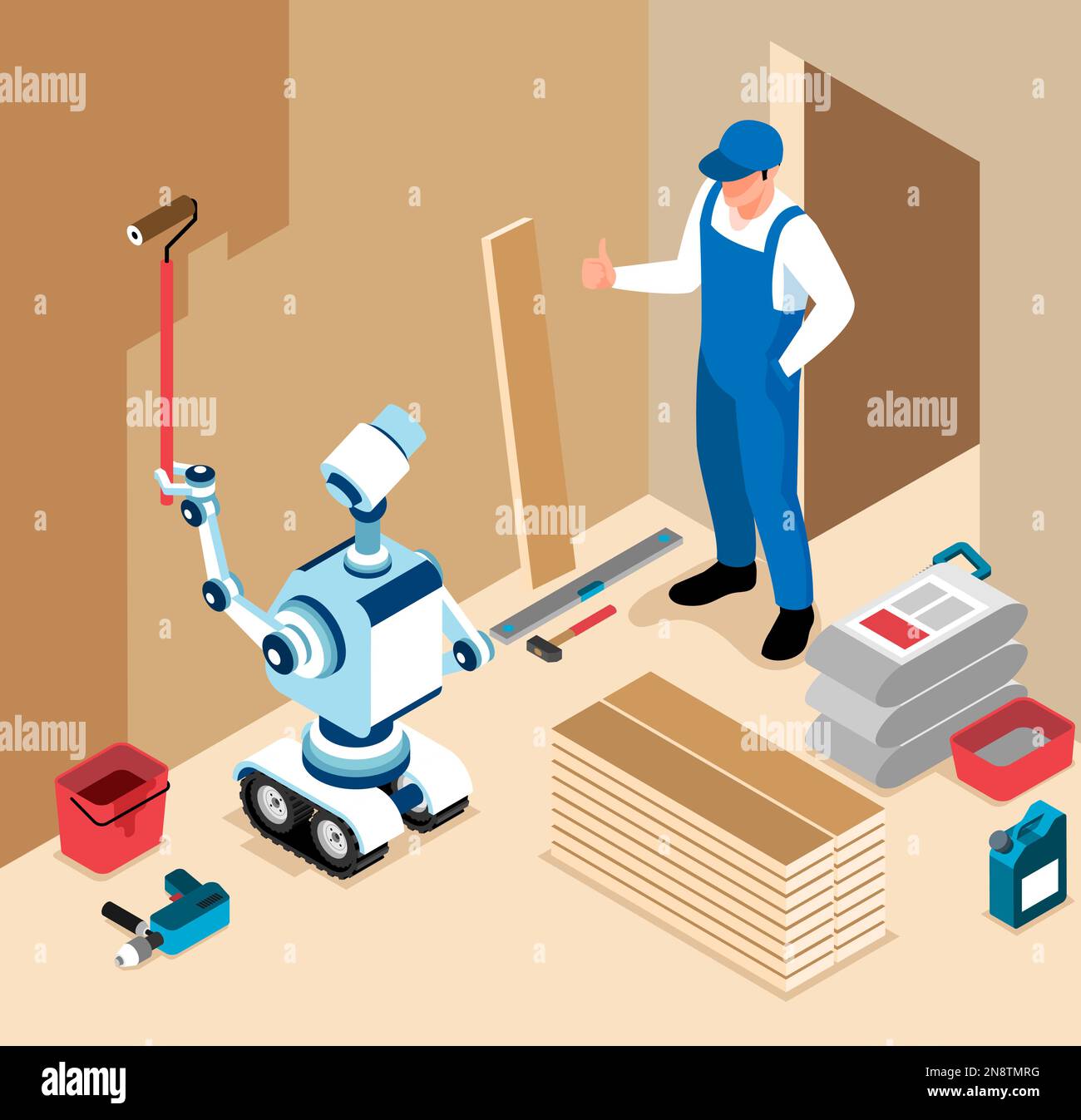 Isometric robot assistant colored concept man is satisfied with the ...