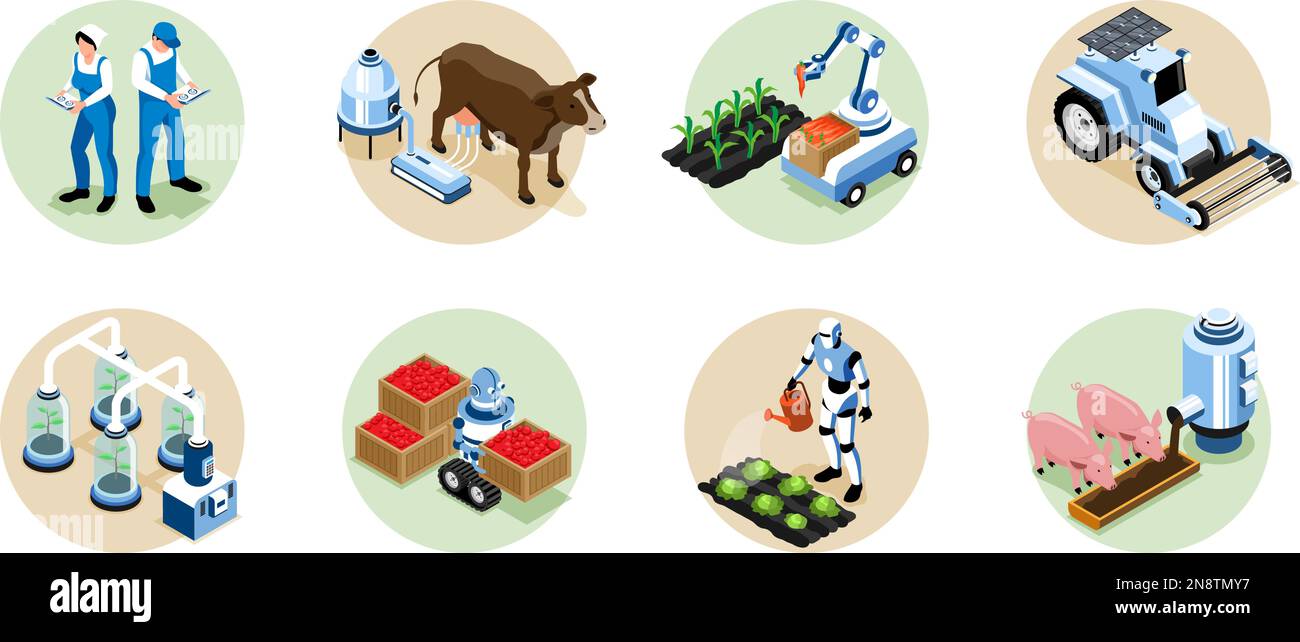 Isometric smart farm composition set humans control robots milk cows ...