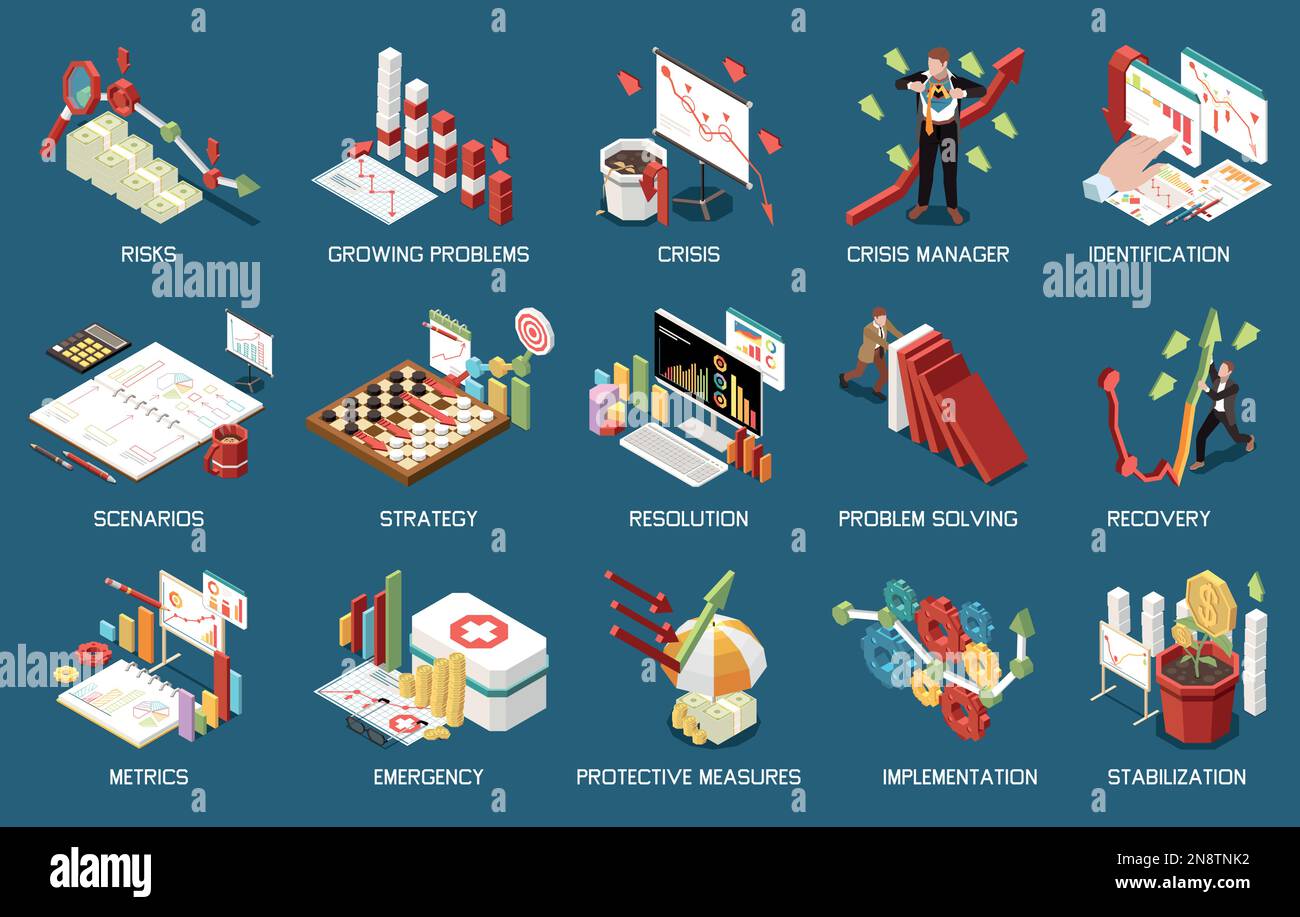 Crisis management isometric icons set with problem solving symbols isolated vector illustration ...