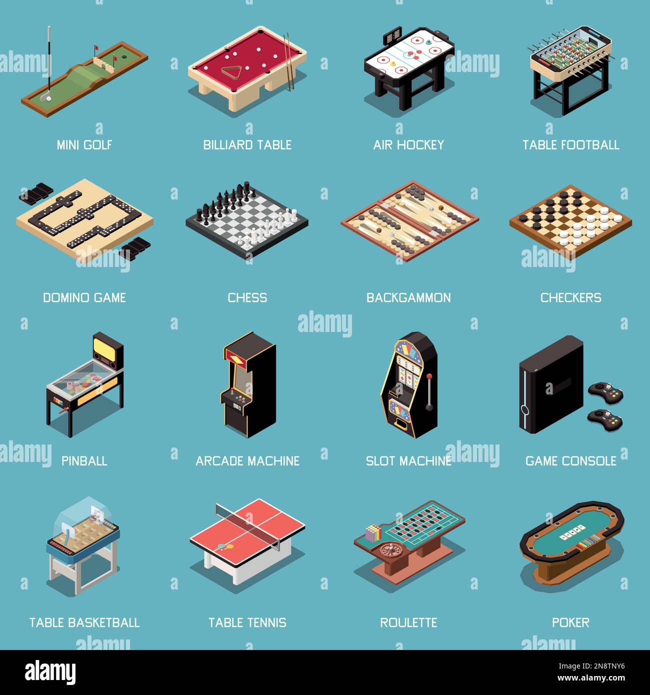 Indoor arcade machines and table games isometric icons set isolated vector illustration Stock ...