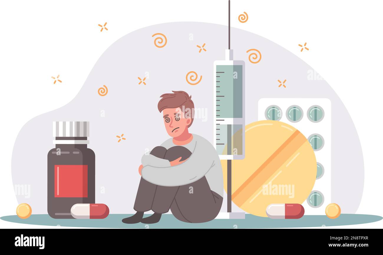 Bad Habits Cartoon Concept With Dengerous Drug Addict Vector
