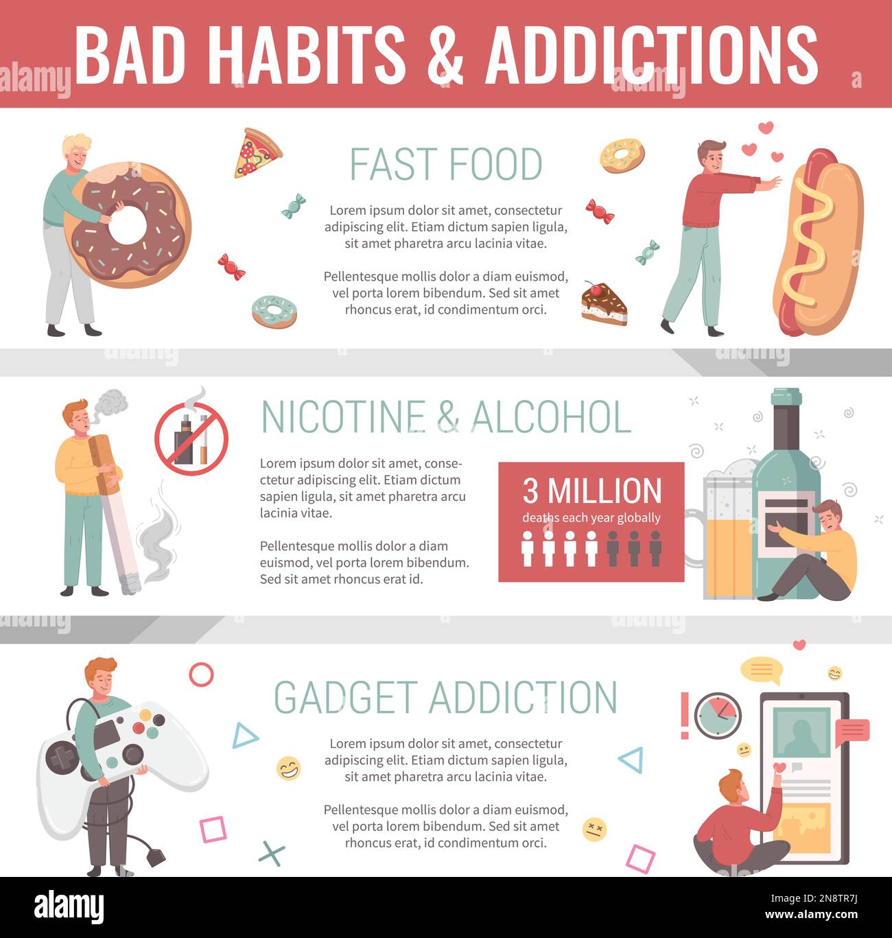 Bad habits infographics set with unhealthy addictions cartoon symbols ...