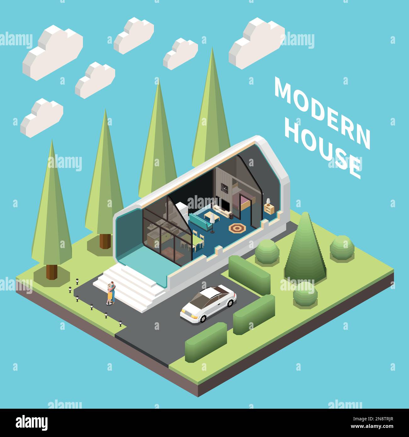 Modular building isometric concept with modern house cut out vector ...