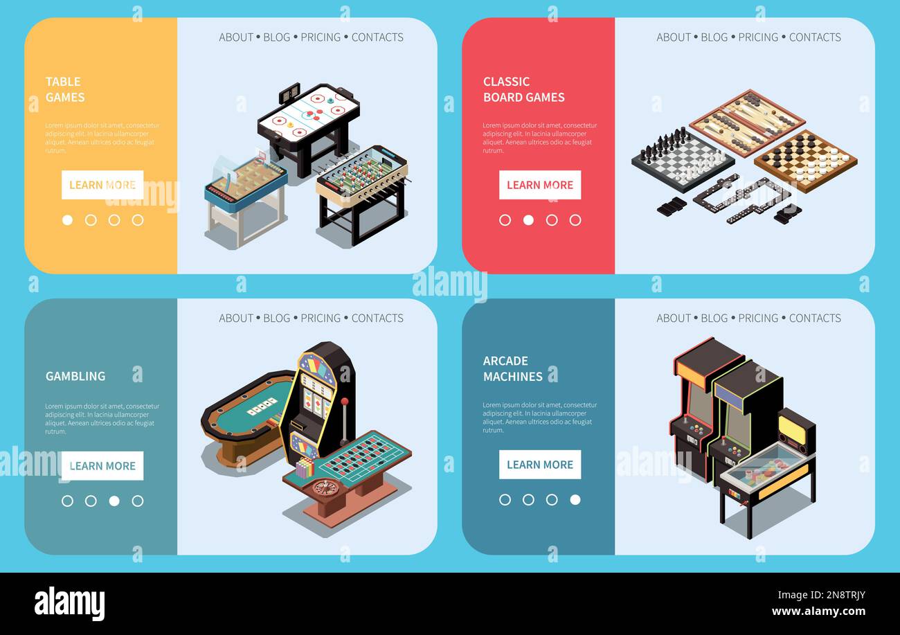 Indoor and table games isometric banner set with classic arcade machines isolated vector ...