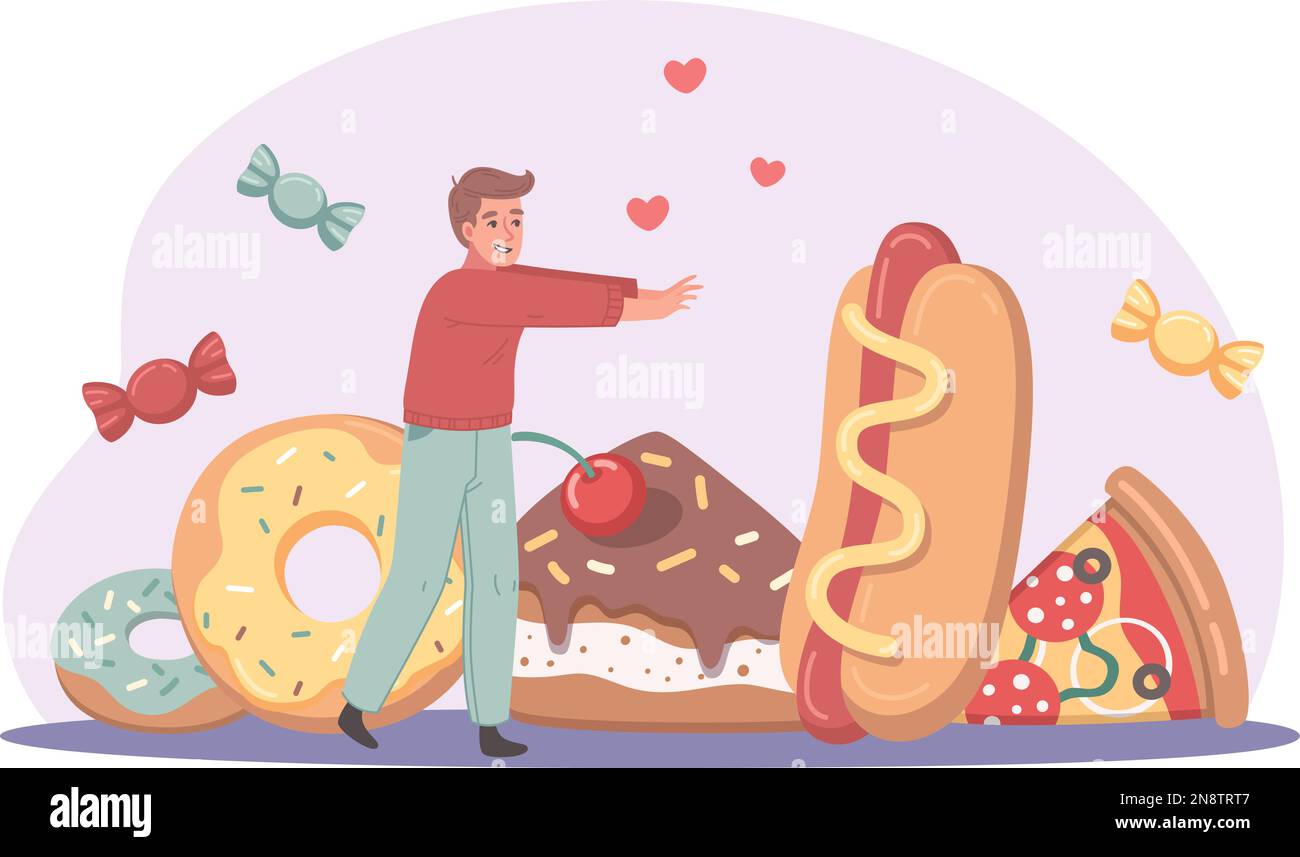 Bad habits cartoon concept with fastfood addict and attractive tasty ...