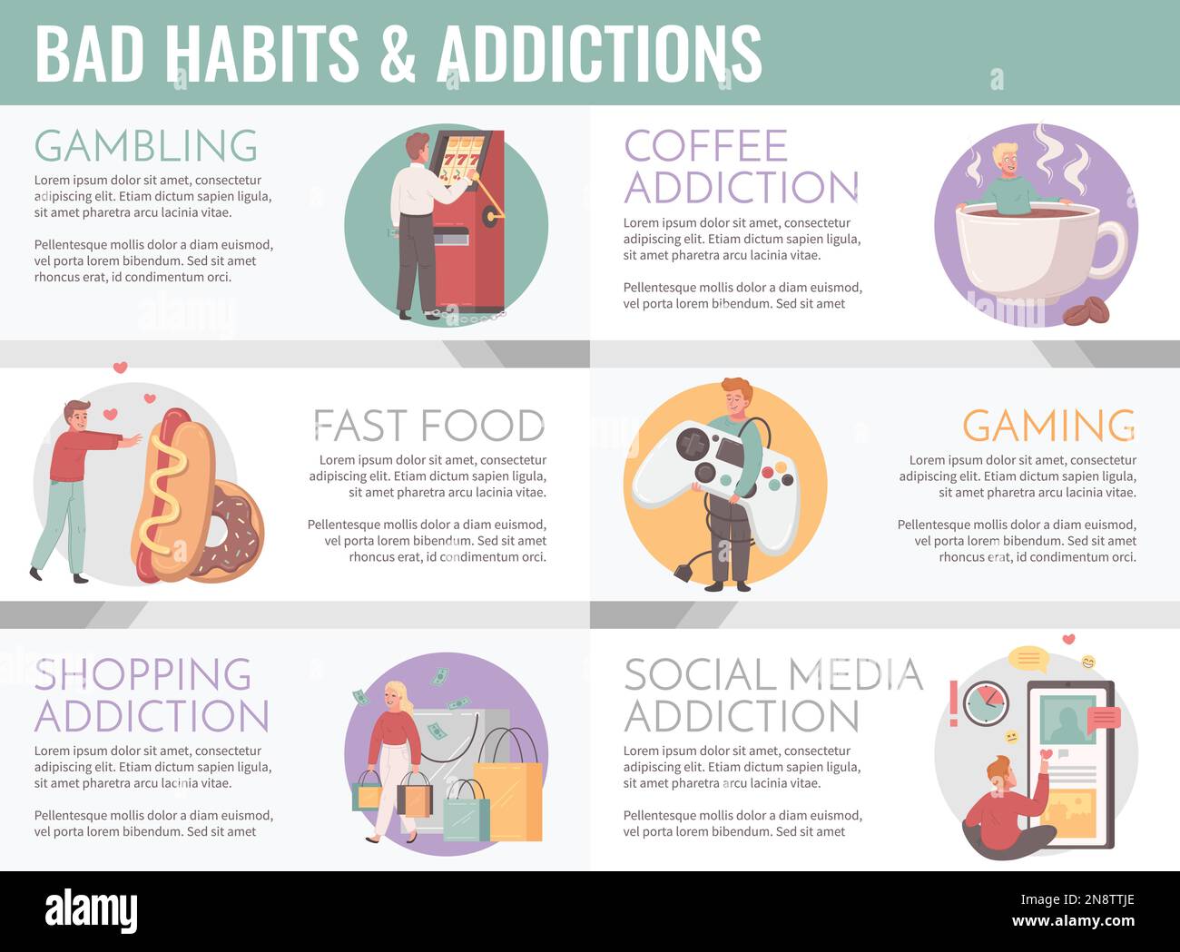 Bad habits cartoon infographics with coffee shopping and social media ...