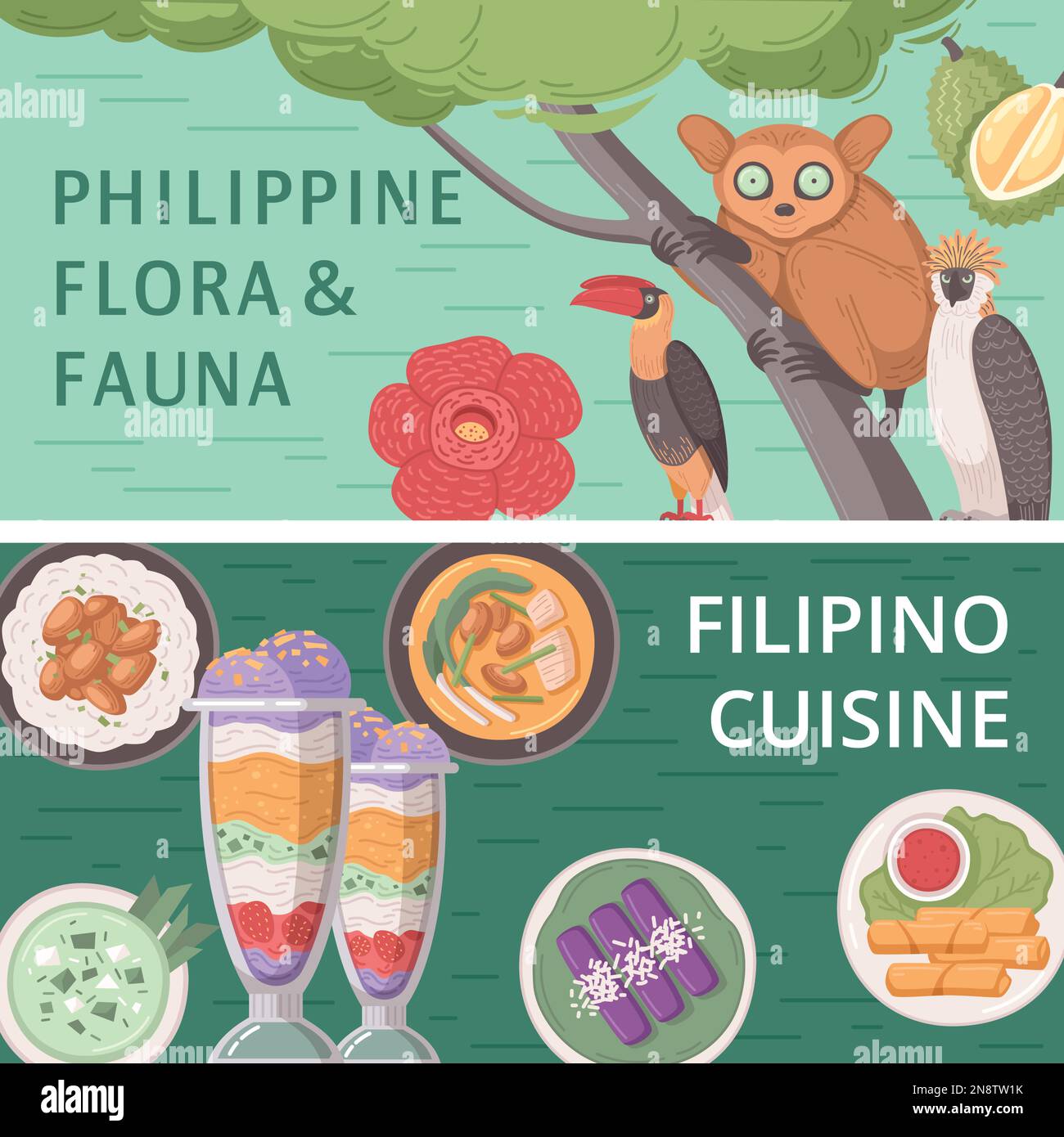 Philippines travel cartoon banner set with traditional cuisine and ...