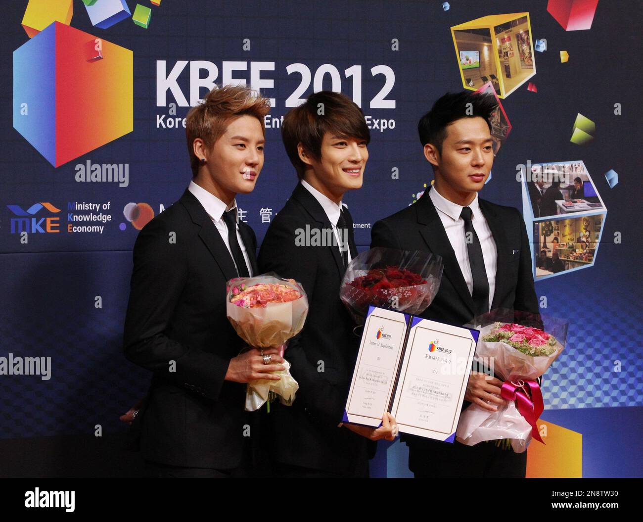 South Korean K-pop group JYJ members Kim Jun-su, left, Kim Jae-joong, and Park Yu-chun, right ...