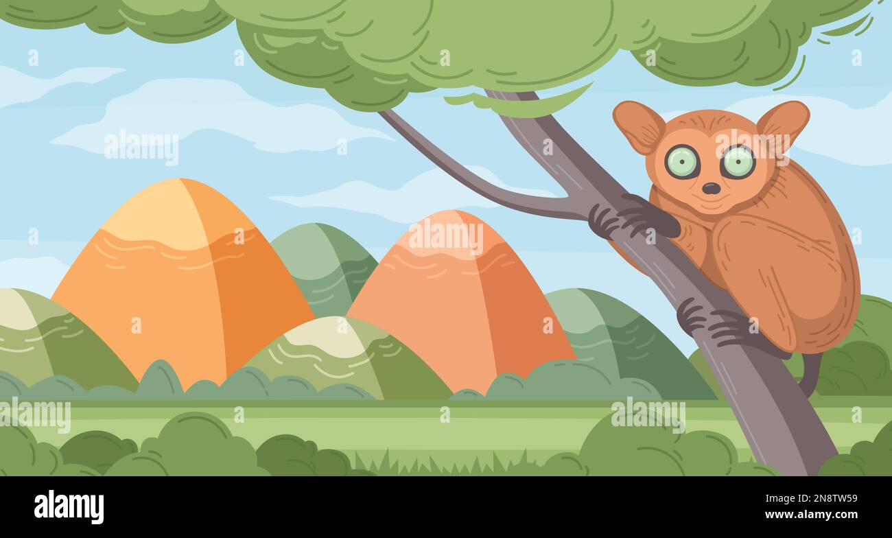 Philippines travel cartoon poster with cure monkey and mountains on ...