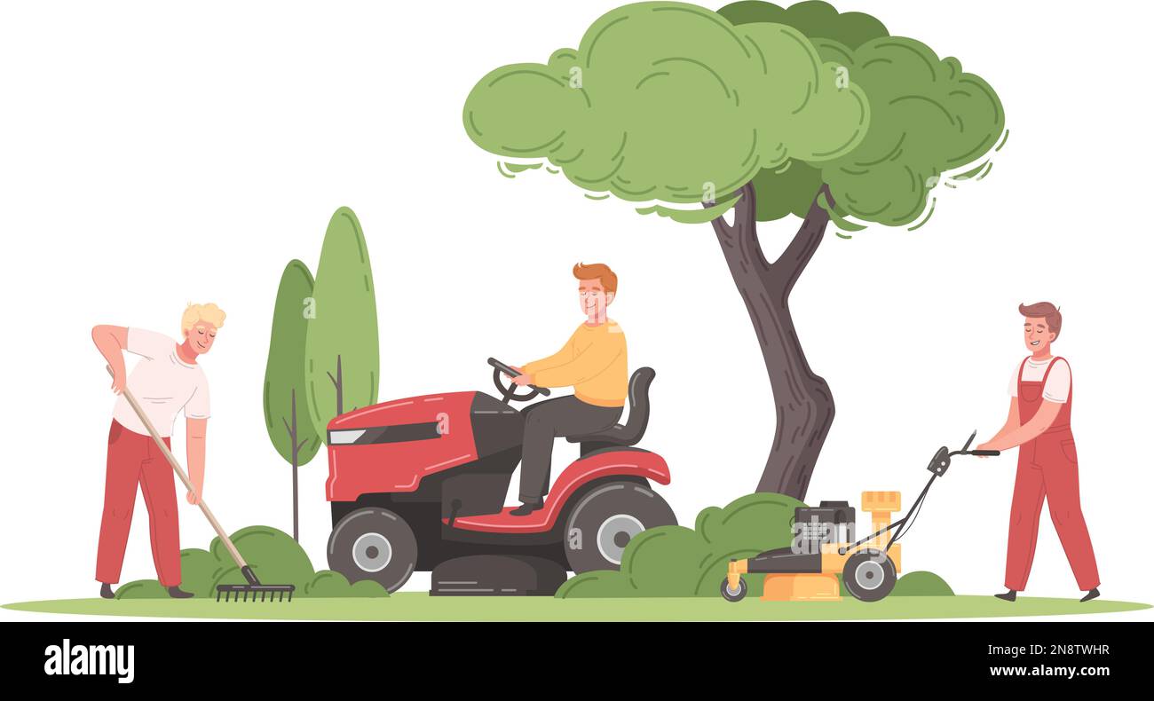 Lawn mowing cartoon with male workers cutting grass using different ...