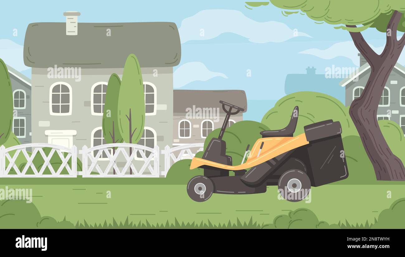 Lawn mowing cartoon poster with grass cutting machine and country house ...