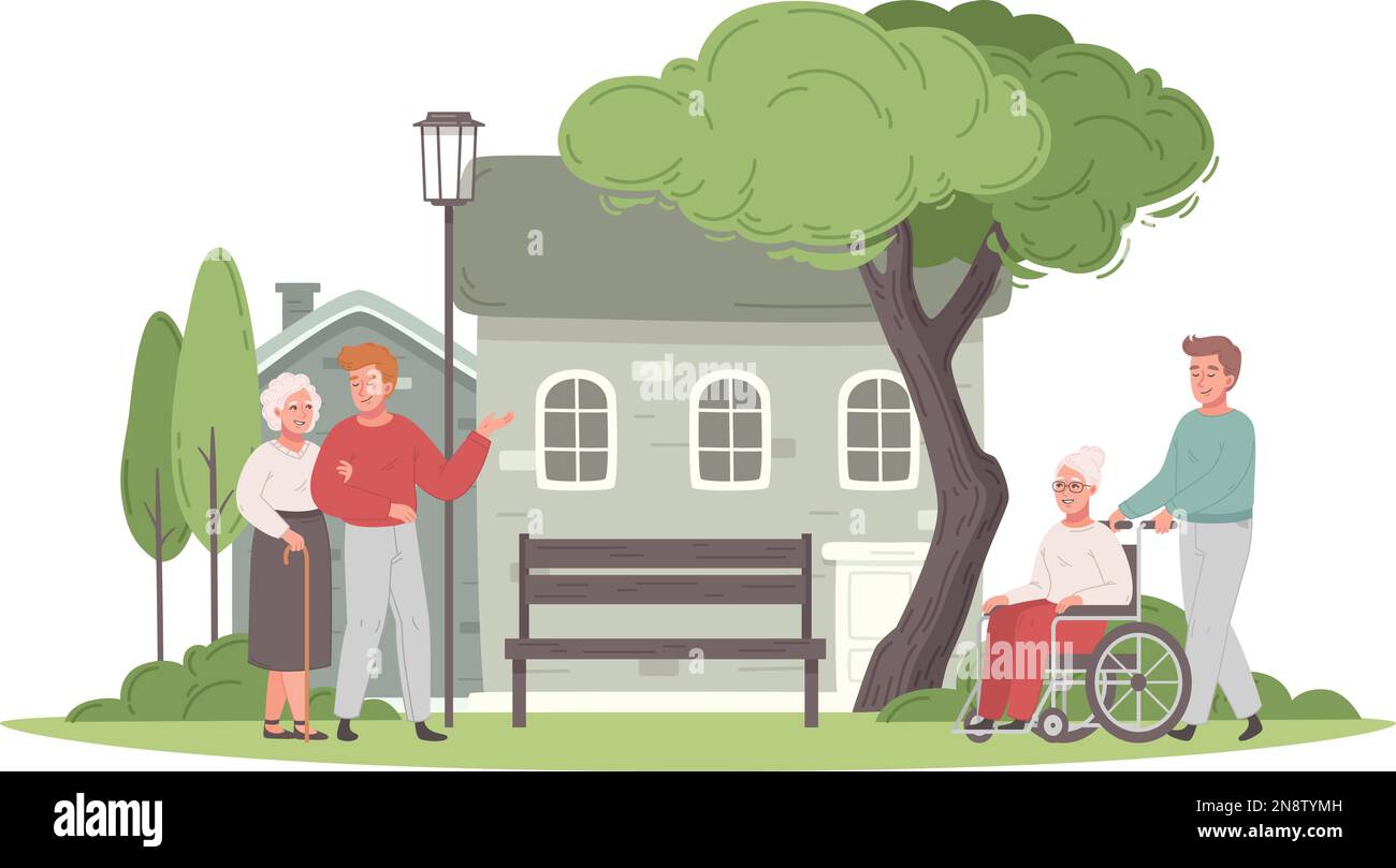 Elderly care cartoon concept with old women walking outdoors vector ...