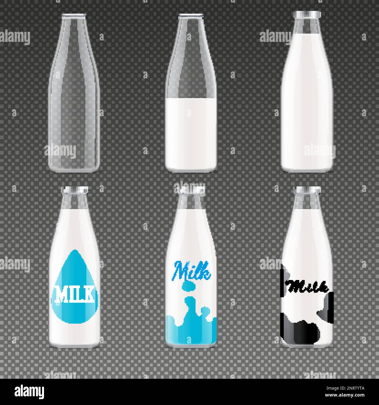 Milk bottles packages realistic transparent set with drink symbols ...