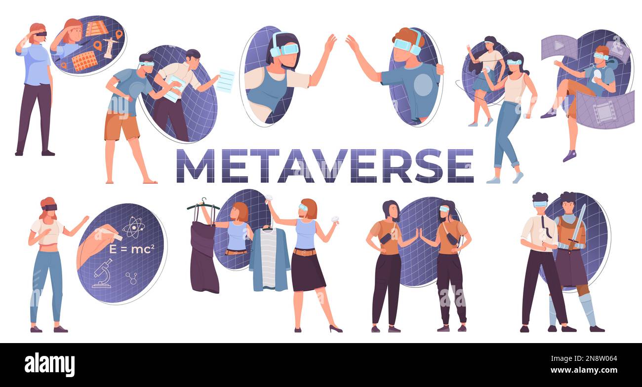 Metaverse flat set of people doing various activities using augmented ...