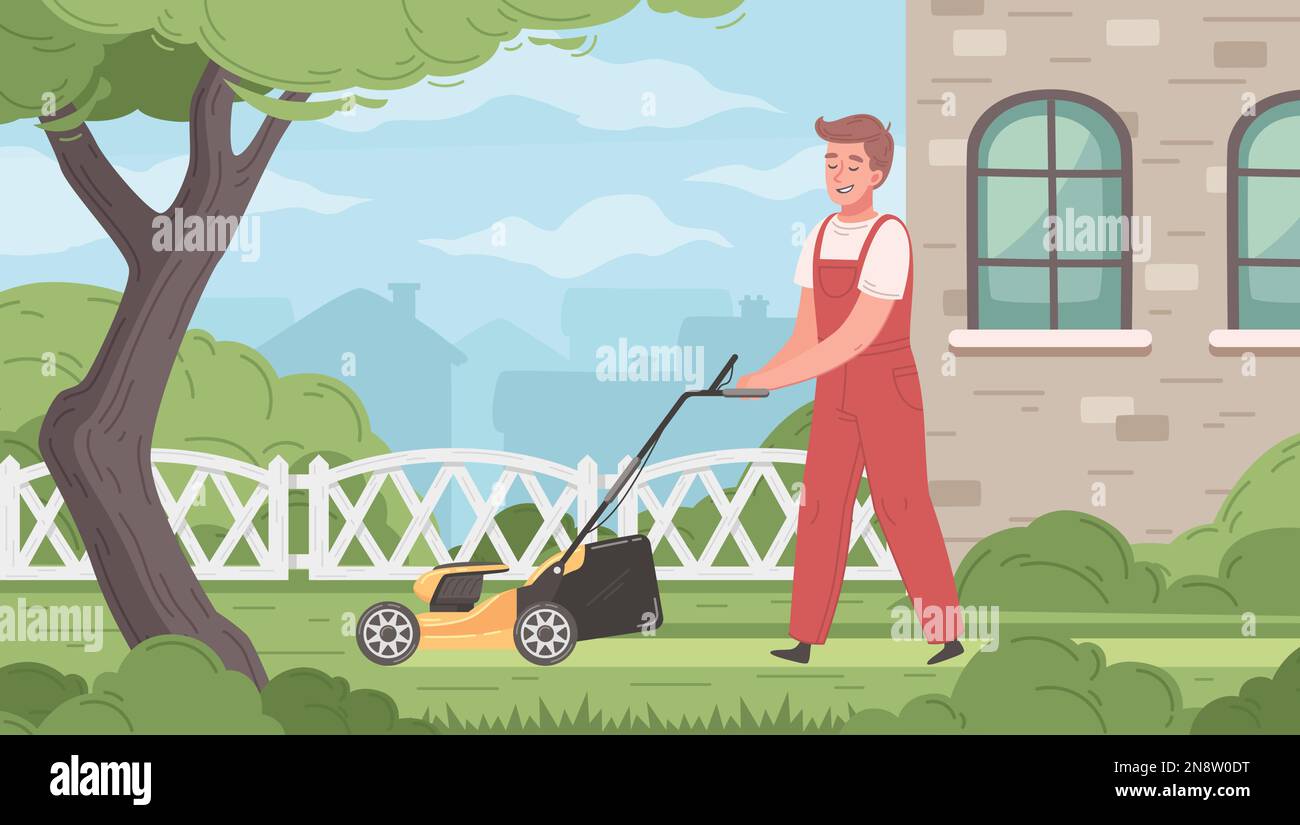 Lawn Mowing Cartoon Poster With Male Worker Cutting Grass Vector Illustration Stock Vector Image