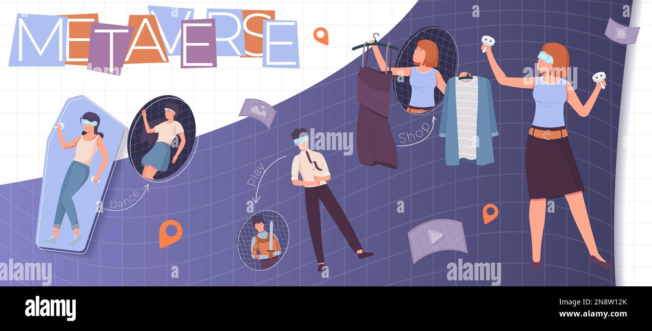 Metaverse flat collage with people dancing shopping and playing in ...