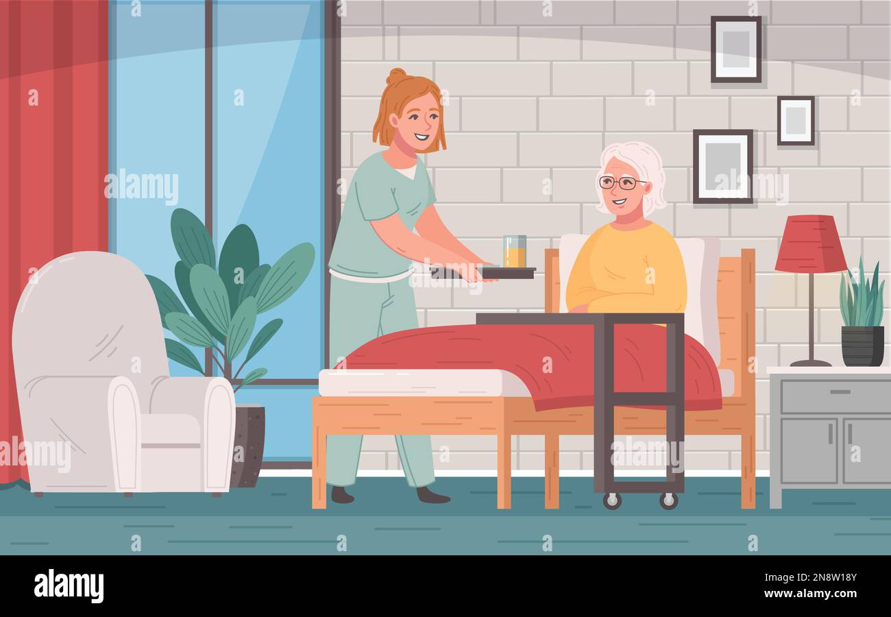 Elderly care cartoon concept with caregiver in uniform and old woman in ...