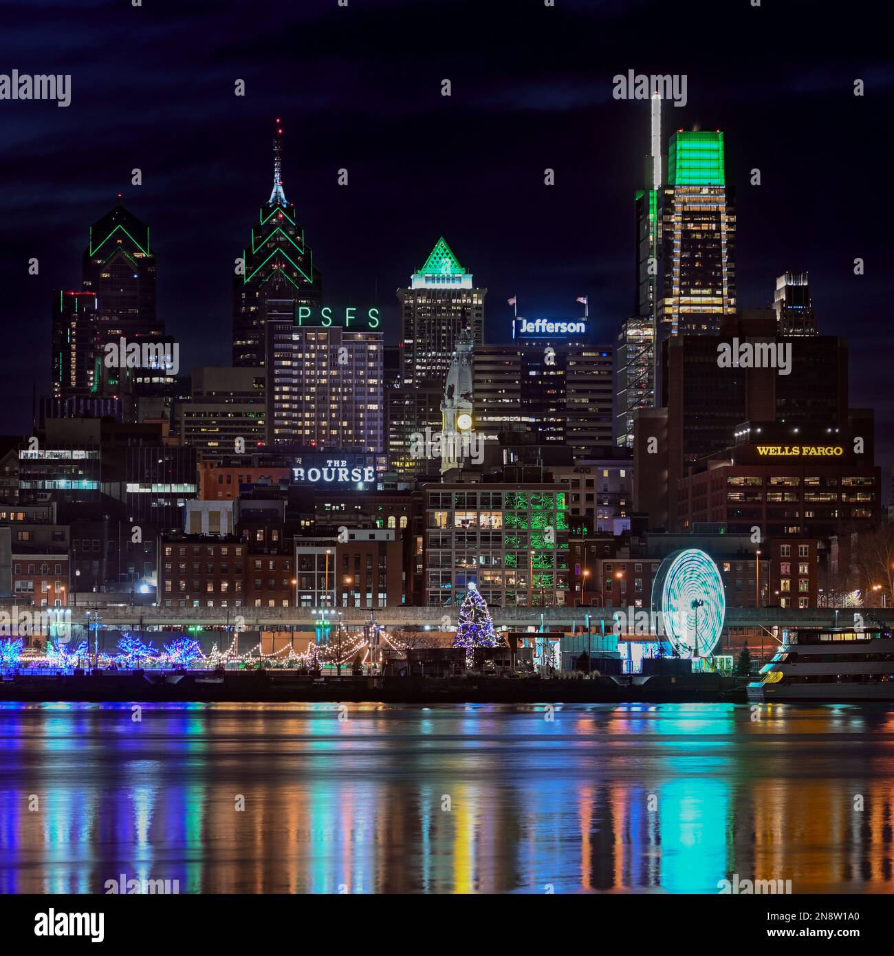 Philadelphia skyline just past sunset - skyscrapers reflected in the ...