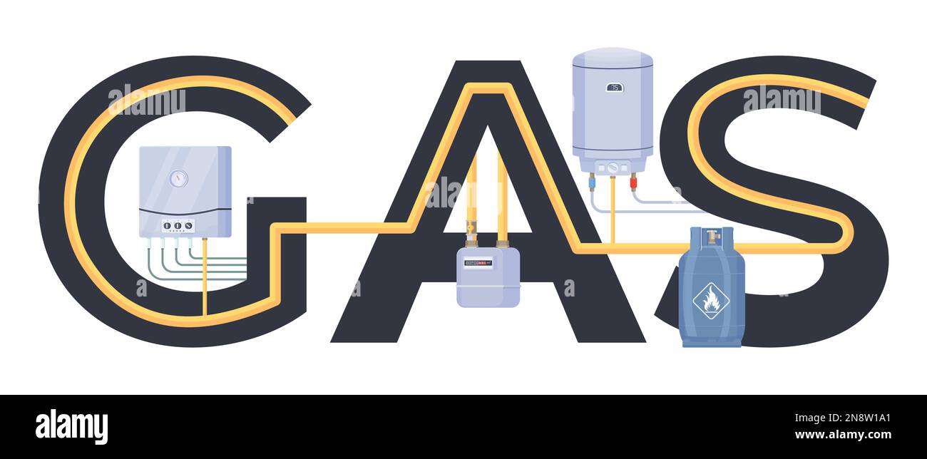 Gas flat text with domestic appliances meter and tank on white ...