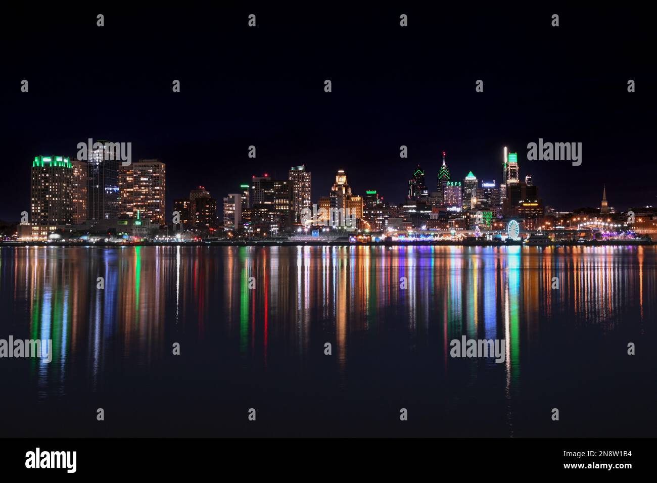 Philadelphia skyline just past sunset - skyscrapers reflected in the ...