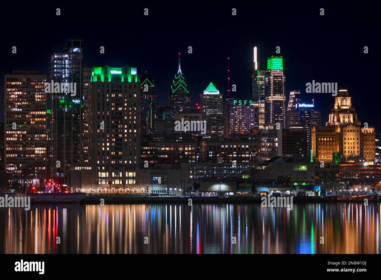 Philadelphia skyline just past sunset - skyscrapers reflected in the ...