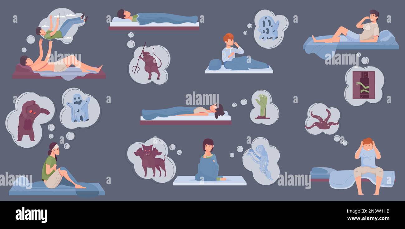 People suffering from nightmares awaken at night flat set isolated on ...