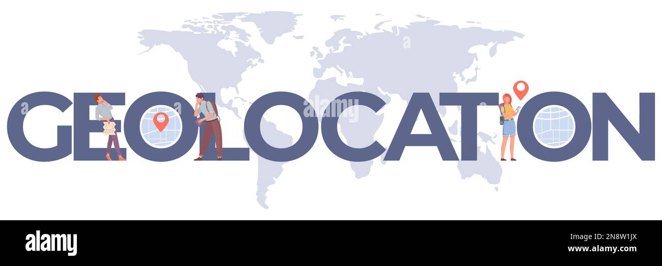 Geolocation text with pin pointers and human characters of tourists ...