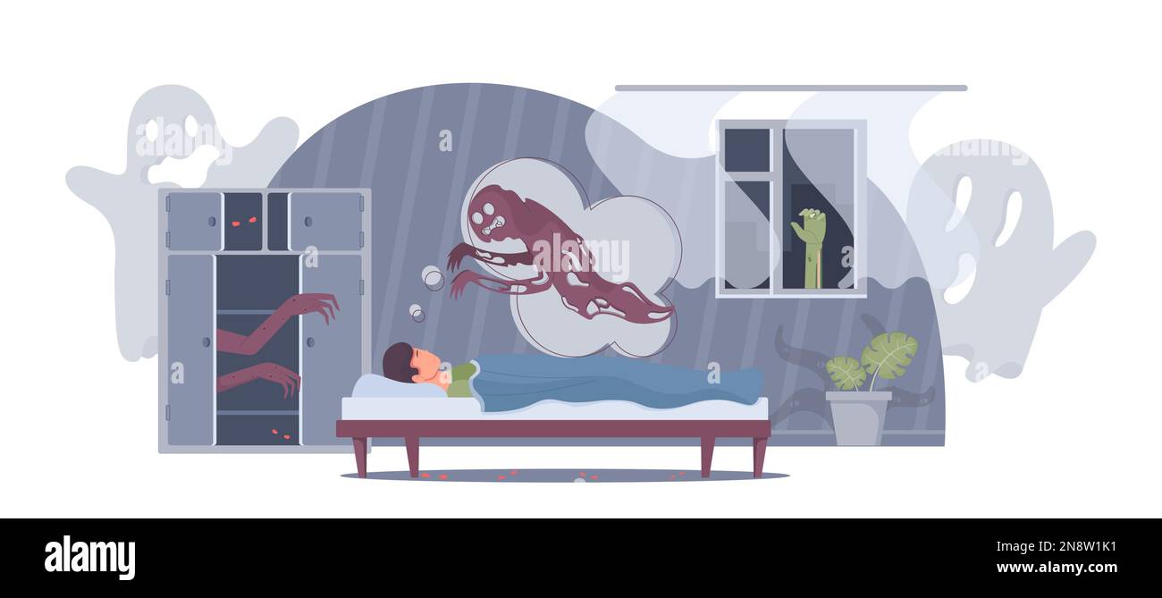 Man having nightmare with monsters and ghosts in bedroom flat vector ...