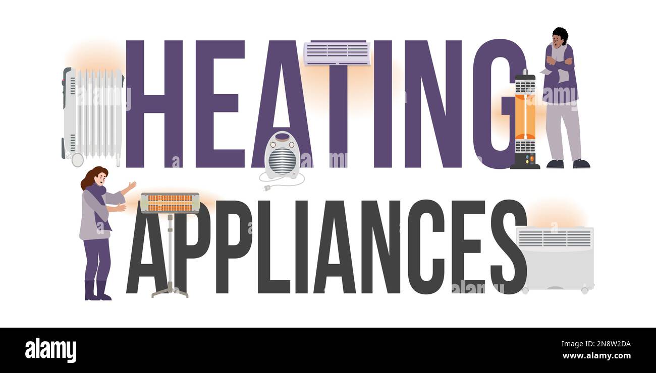 Heating appliances big text composition with flat icons of radiators ...
