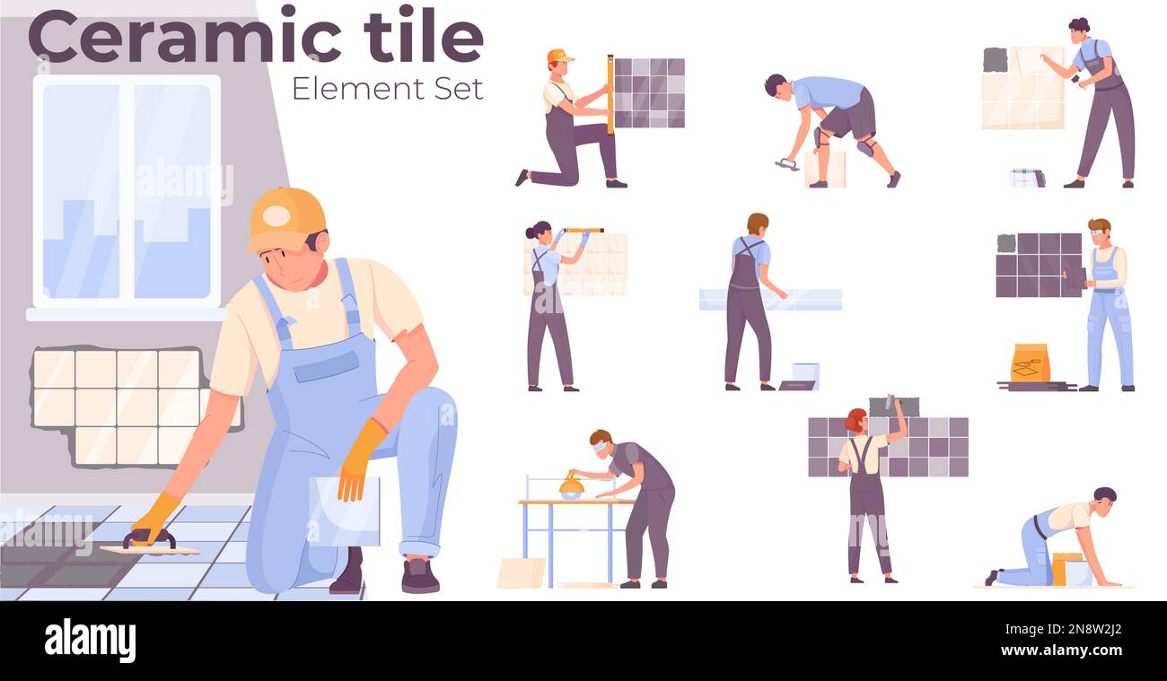 Workers laying ceramic tile floors and walls flat elements set isolated ...