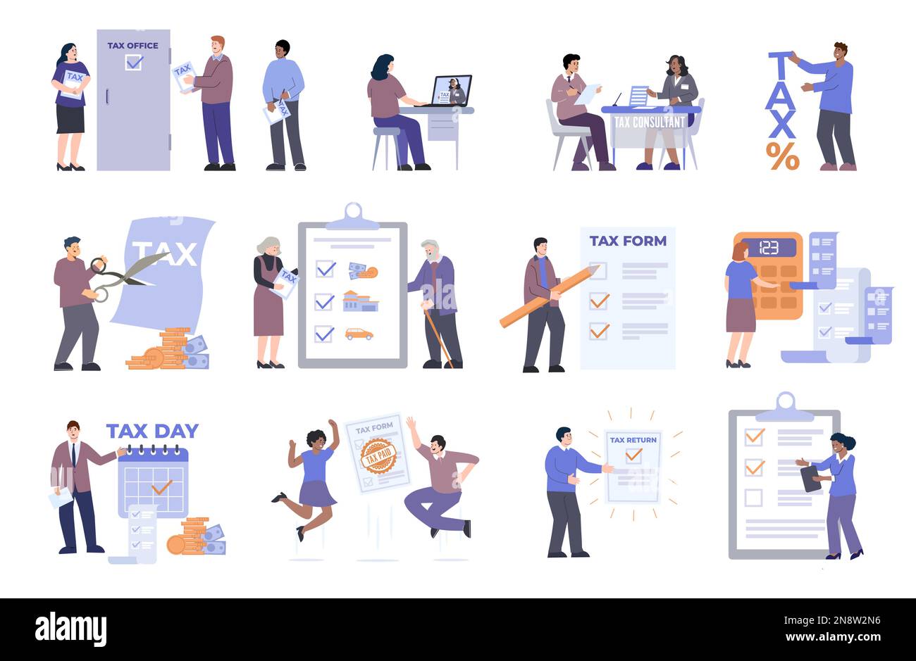 Tax people flat set of isolated icons with human characters counting and paying taxes making ...