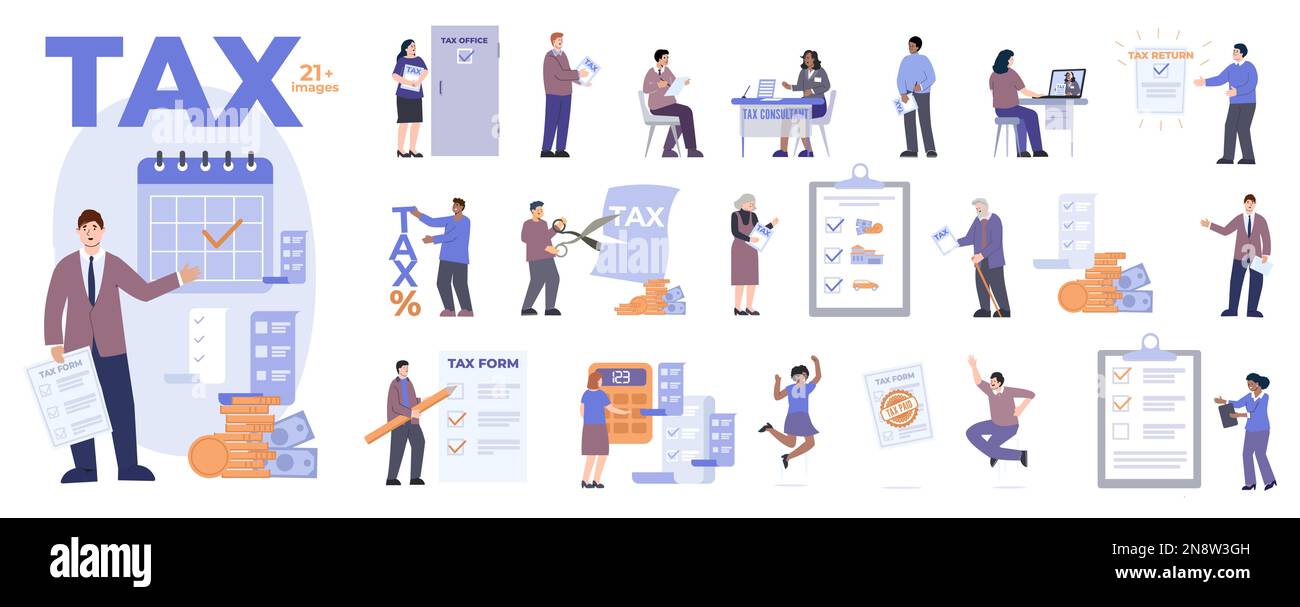 Tax people flat set with compositions of isolated icons human ...