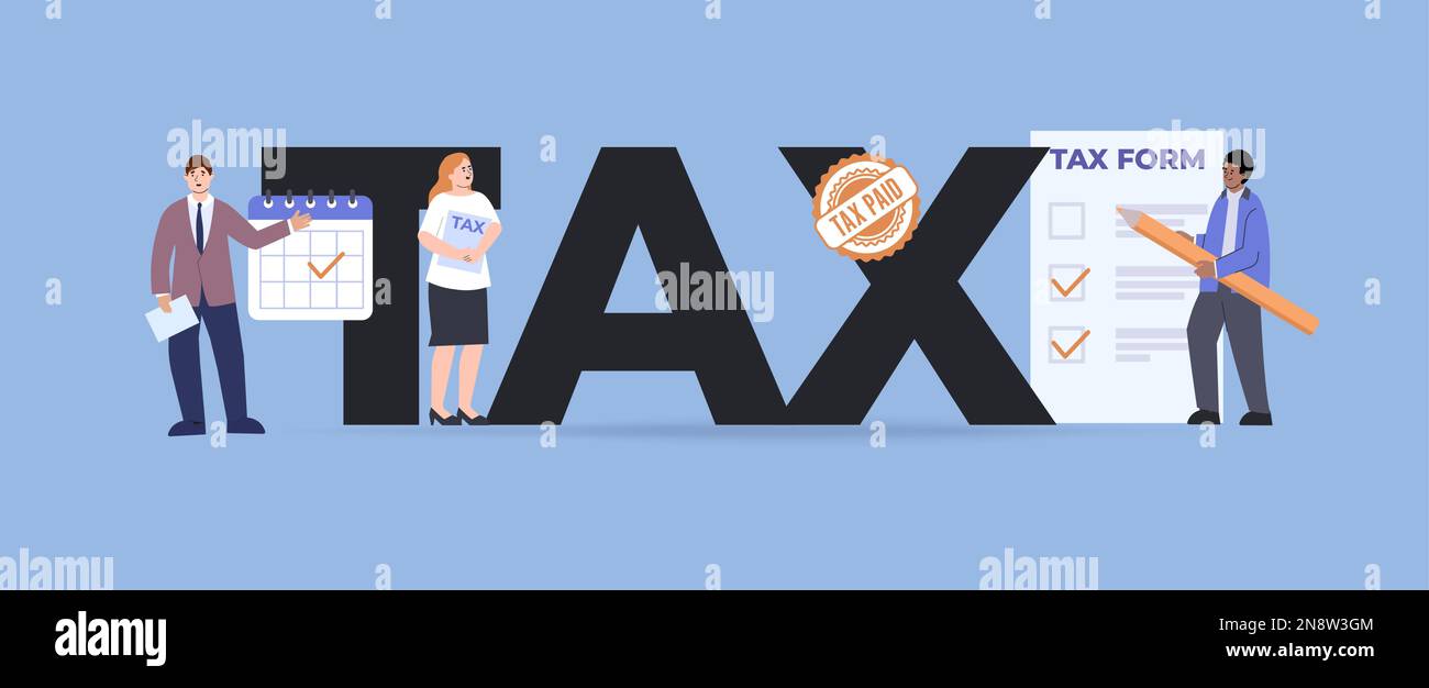 Tax people flat text composition with human characters of smart people ...