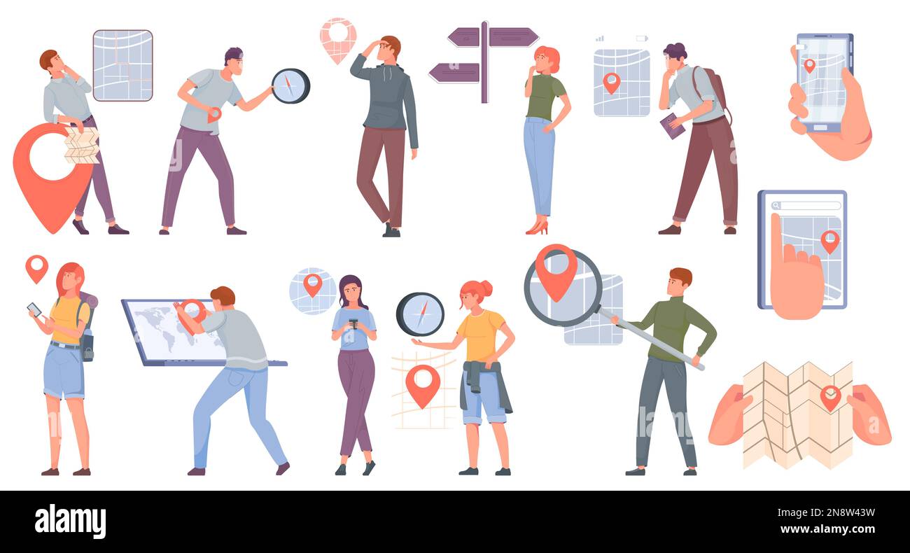 Flat geolocation set with people using online navigators and maps to ...