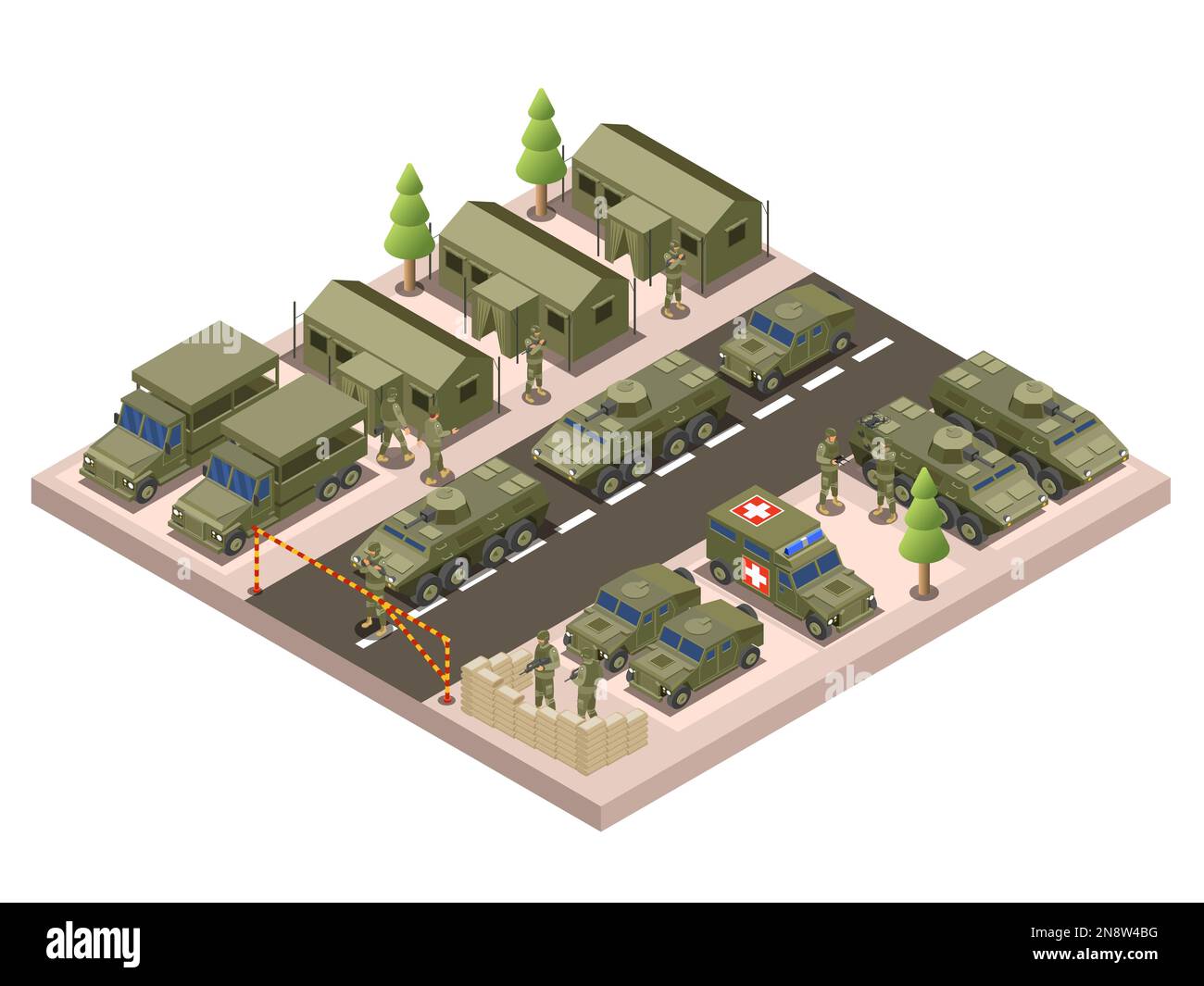 Army camp isometric composition with view of forbidden access area with tanks cars trucks and ...