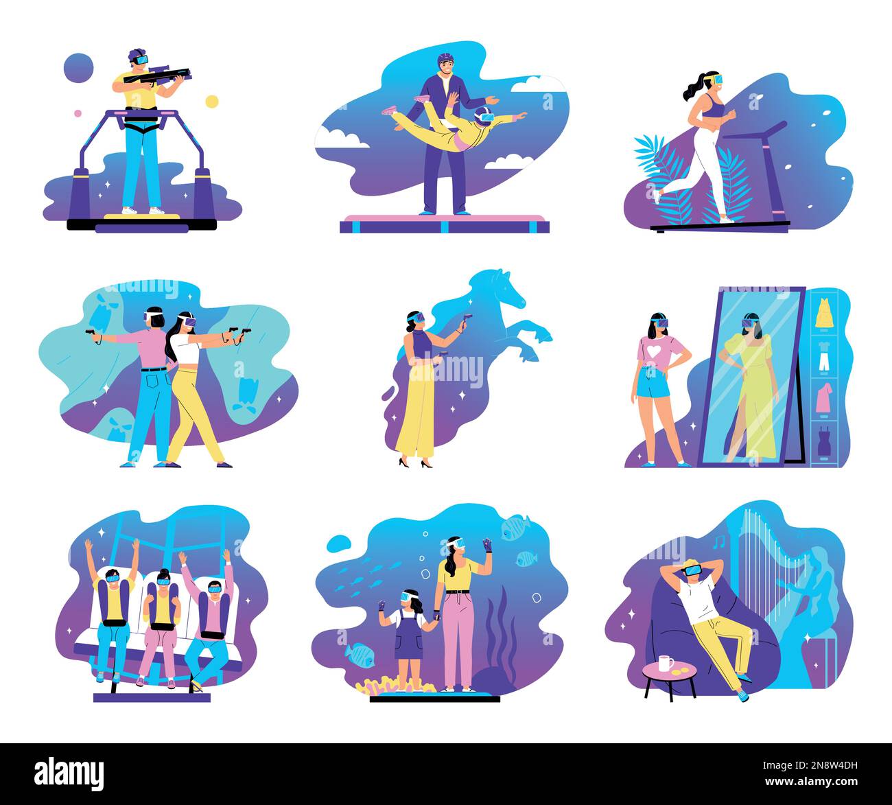 Virtual reality color set of people connected to virtual space by ...