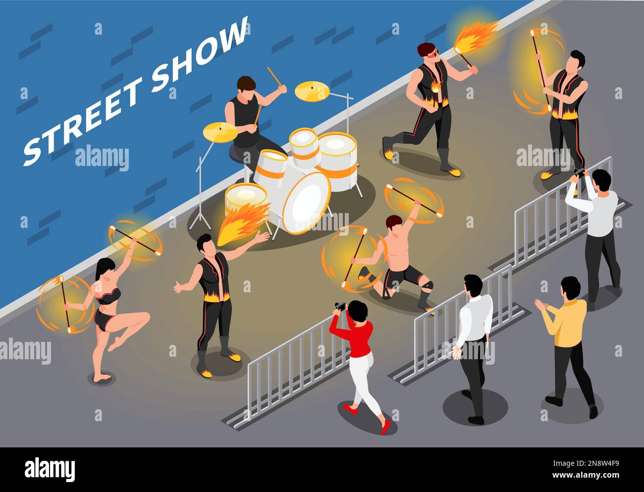 Fire show isometric composition with backstreet view and group of fire ...