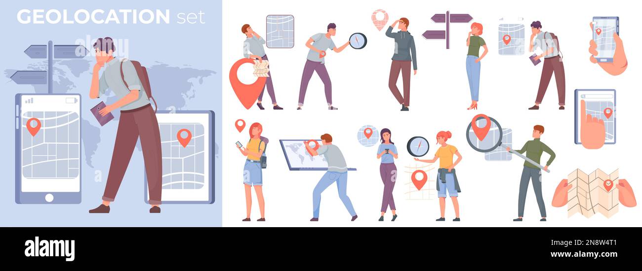 Geolocation flat set with people using online and paper maps isolated ...